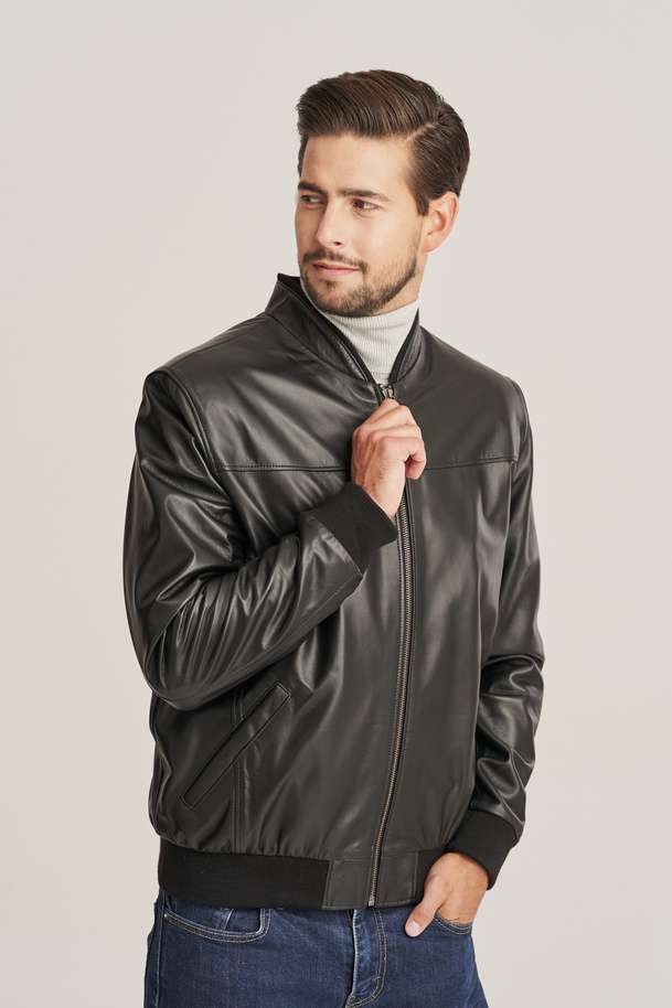 Men's Leather Bomber Jacket - Black - WideCrafts