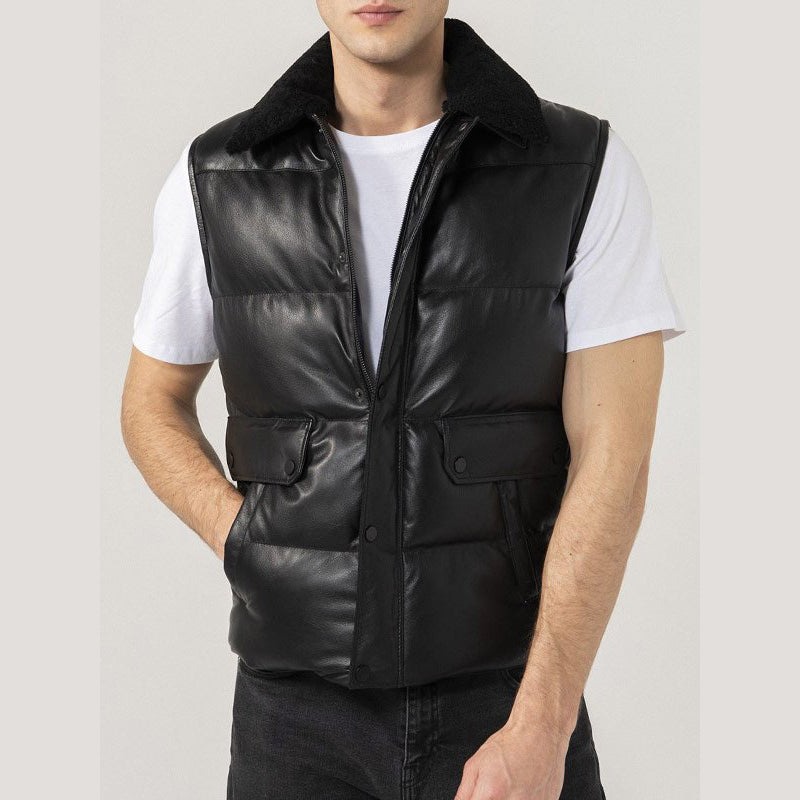 Men’s Black Leather Puffer Vest - WideCrafts