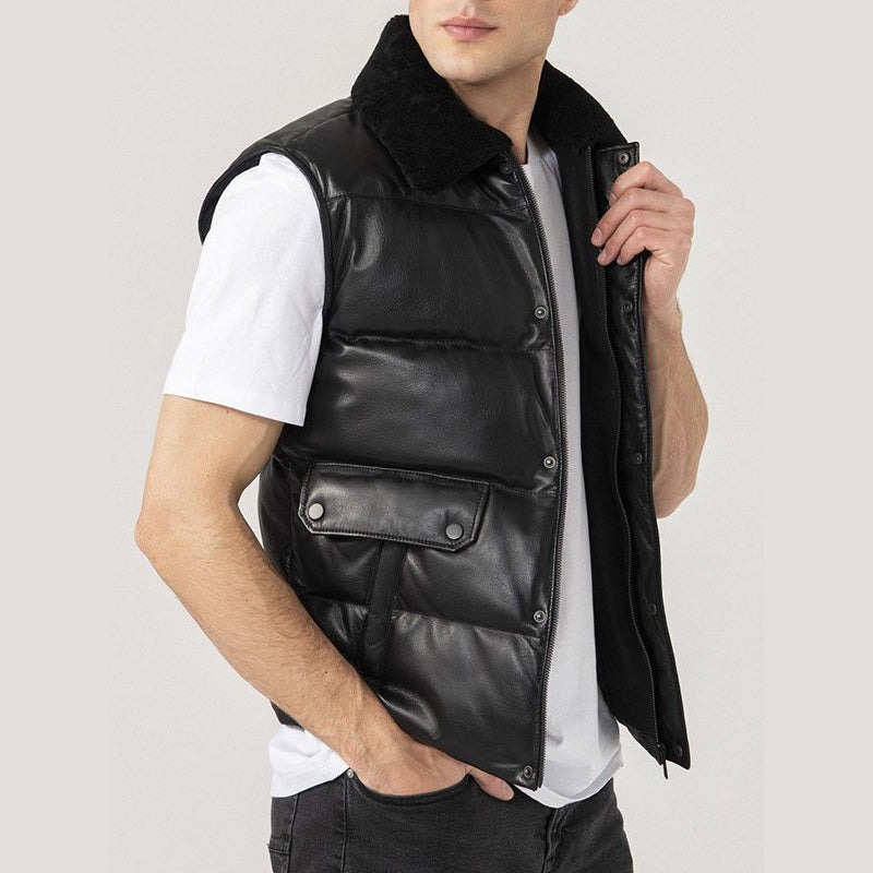 Men’s Black Leather Puffer Vest - WideCrafts
